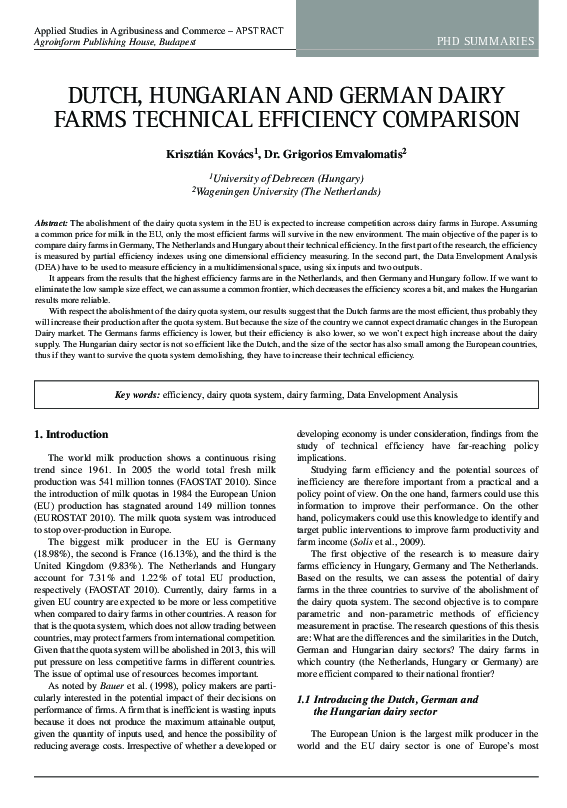 (PDF) Dutch, Hungarian and German dairy farms technical efficiency ...