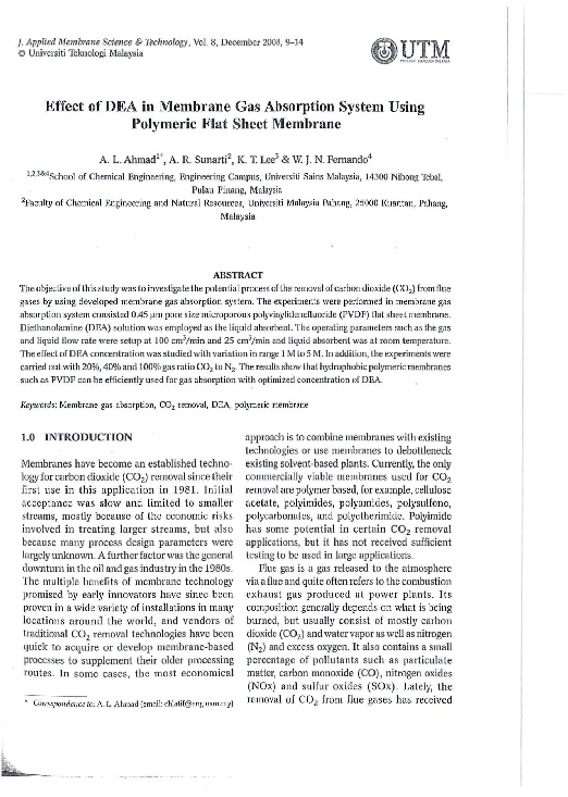 (PDF) Effect of DEA in Membrane Gas Absorption System Using Polymeric ...
