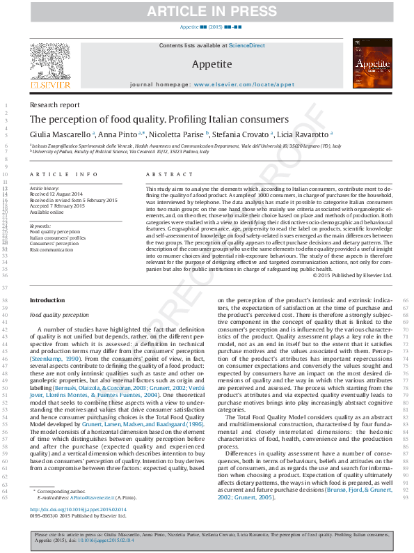 (PDF) The perception of food quality. Profiling Italian consumers