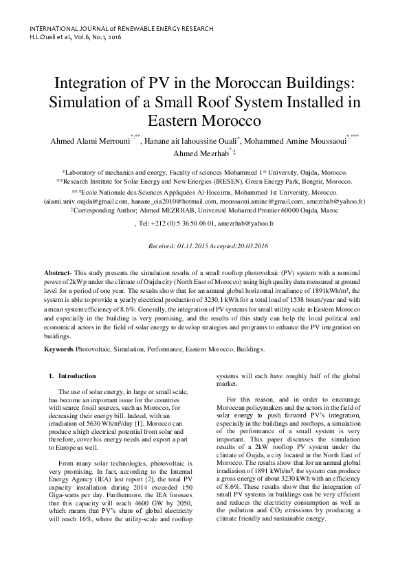 (PDF) Integration of PV in the Moroccan buildings: Simulation of a ...