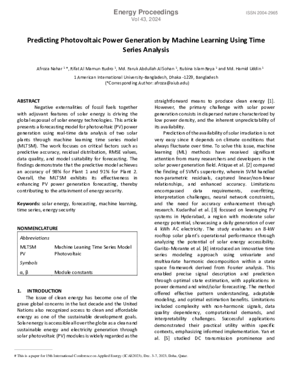 (PDF) Predicting Photovoltaic Power Generation by Machine Learning Using Time Series Analysis