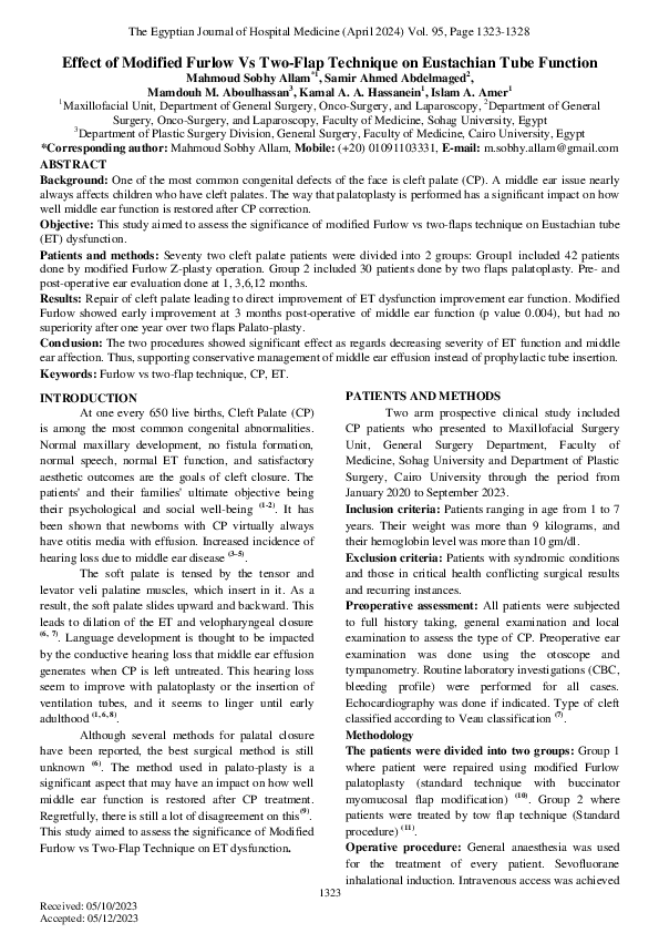 (PDF) Effect of Modified Furlow Vs Two-Flap Technique on Eustachian ...