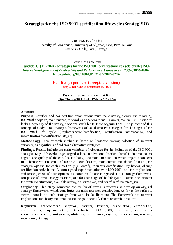 (PDF) Strategies for the ISO 9001 certification life cycle (StrategISO)