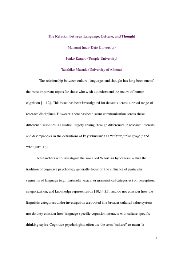 (PDF) The relation between language, culture, and thought