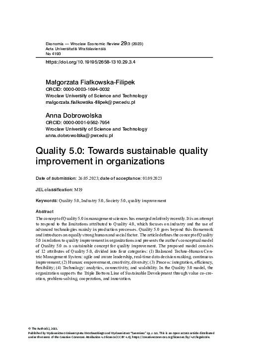 (PDF) Quality 5.0: Towards sustainable quality improvement in organizations