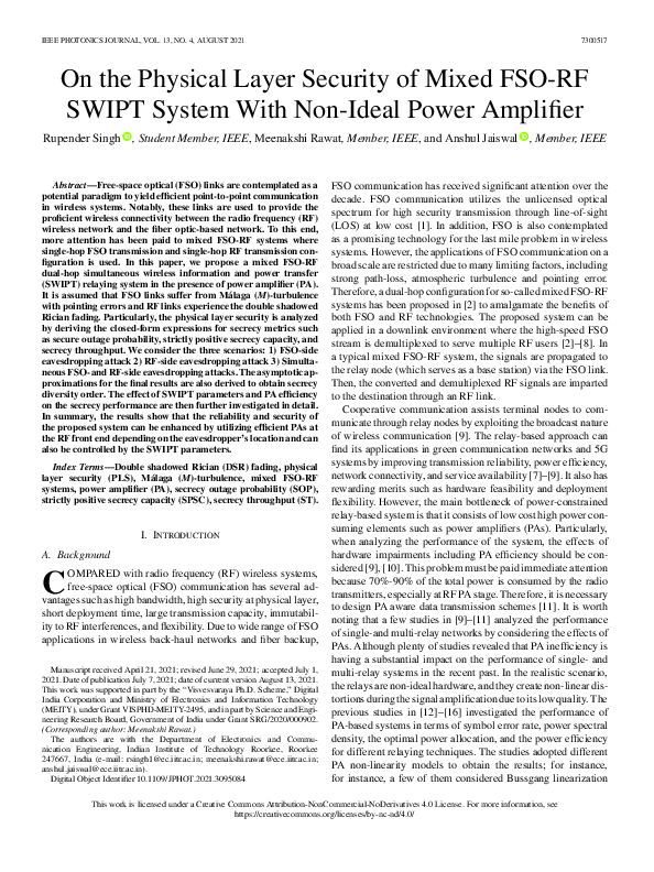 (PDF) On the Physical Layer Security of Mixed FSO-RF SWIPT System With Non-Ideal Power Amplifier