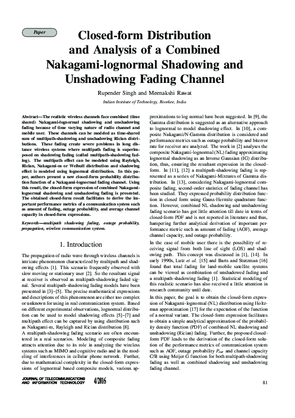 (PDF) Closed-form Distribution and Analysis of a Combined Nakagami-lognormal Shadowing and ...