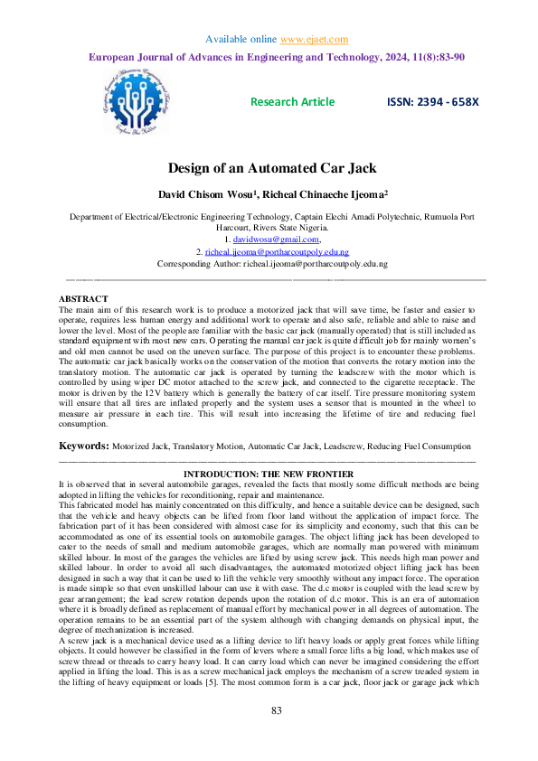 (PDF) Design of an Automated Car Jack