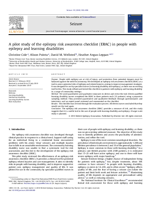 (PDF) A pilot study of the epilepsy risk awareness checklist (ERAC) in ...
