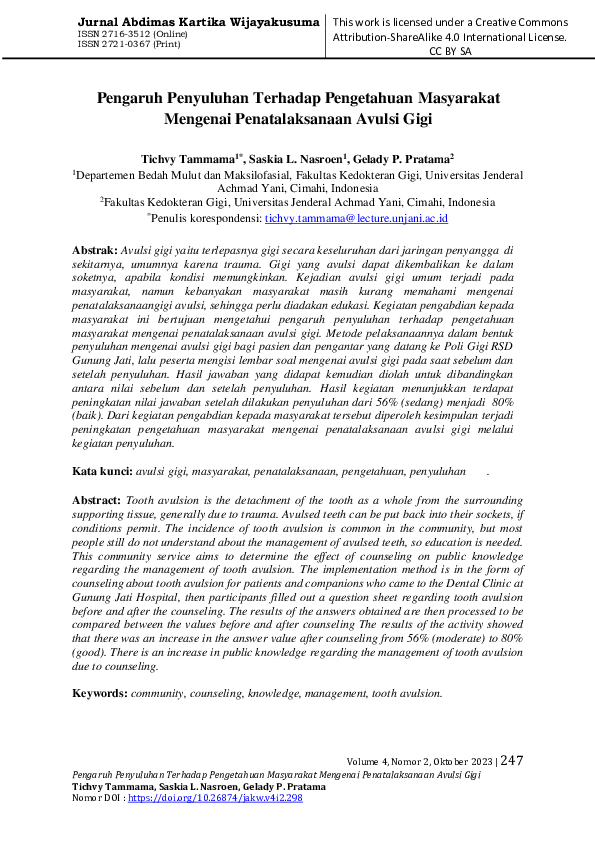 (PDF) Pengaruh Penyuluhan Terhadap Pengetahuan Masyarakat Mengenai Penatalaksanaan Avulsi Gigi