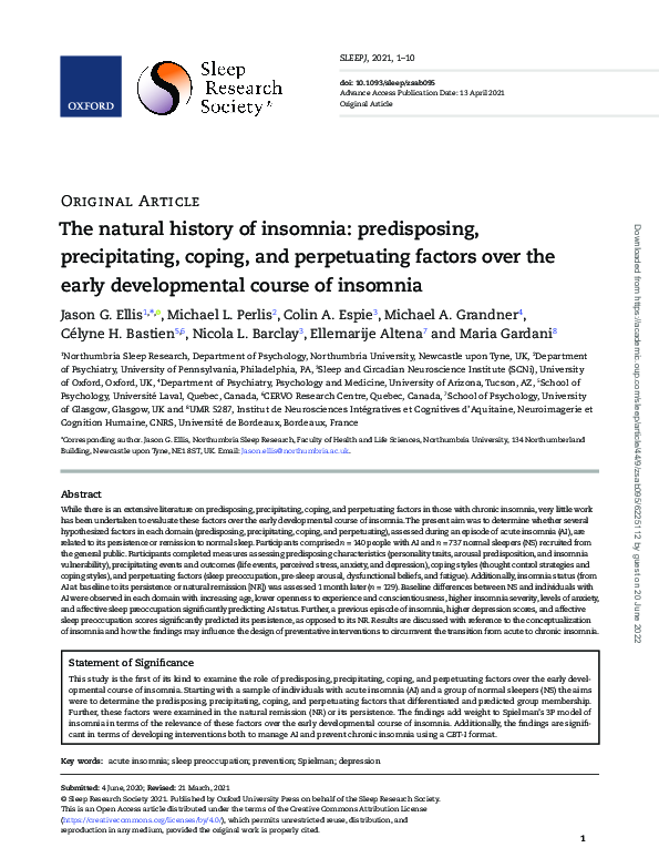(PDF) The natural history of insomnia: predisposing, precipitating ...