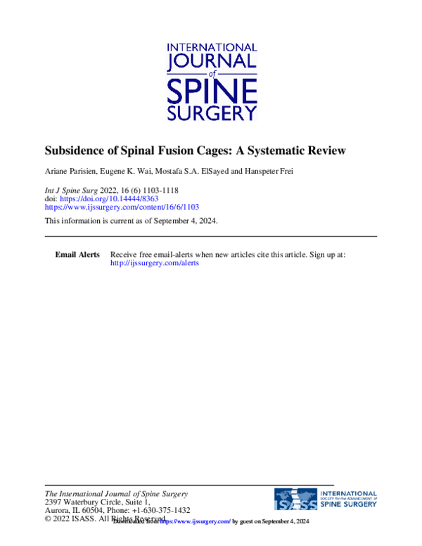 (PDF) Subsidence of Spinal Fusion Cages: A Systematic Review
