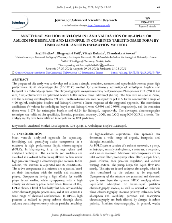 Pdf Analytical Method Development And Validation Of Rp Hplc For Amlodipine Besylate And