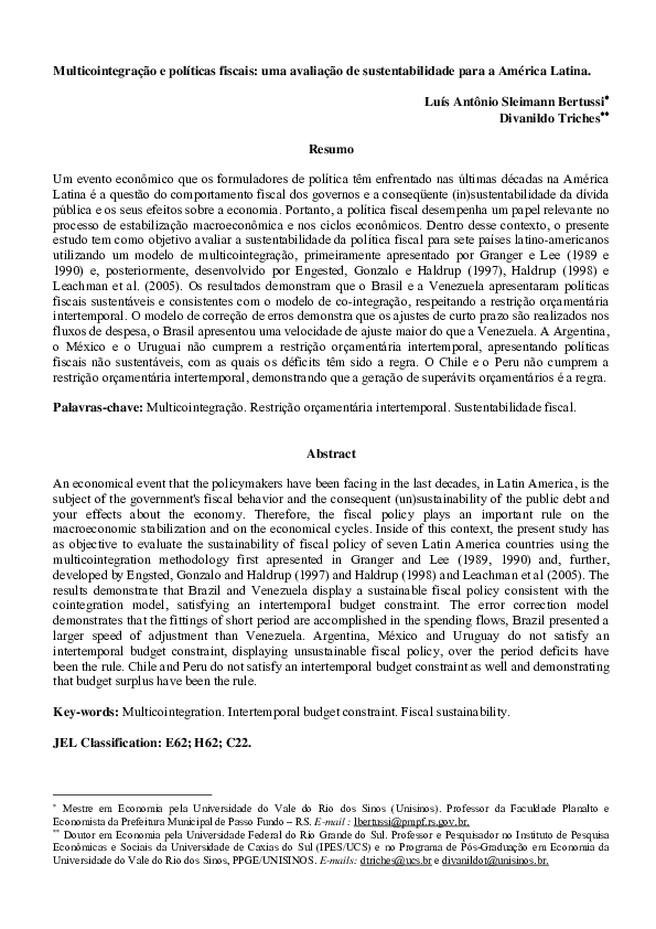 (PDF) Multicointegra o e pol ticas fiscais: uma avalia o de sustentabilidade para a Am rica ...