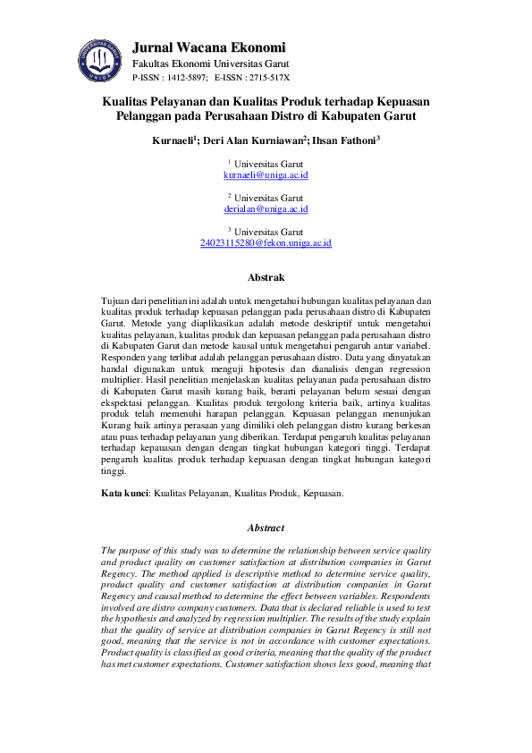 (PDF) Kualitas Pelayanan dan Kualitas Produk terhadap Kepuasan Pelanggan pada Perusahaan Distro ...