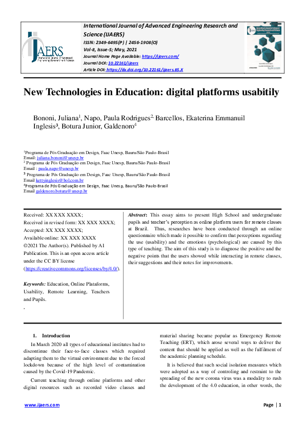 (PDF) New Technologies in Education: digital platforms usabitily ...