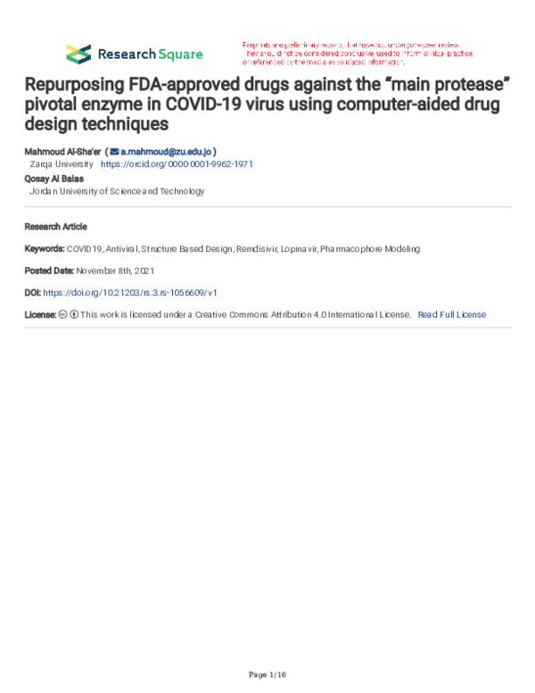 (PDF) Repurposing FDA-approved drugs against the “main protease ...
