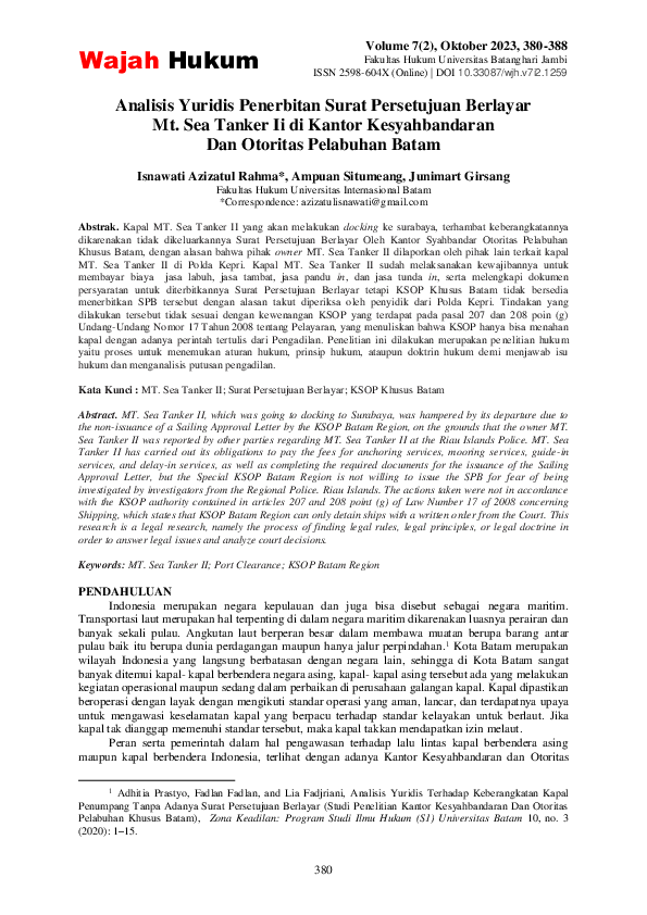 (PDF) Analisis Yuridis Penerbitan Surat Persetujuan Berlayar Mt. Sea ...
