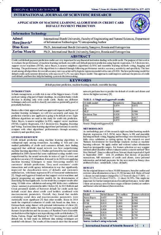 Pdf Application Of Machine Learning Algorithms In Credit Card Default Payment Prediction
