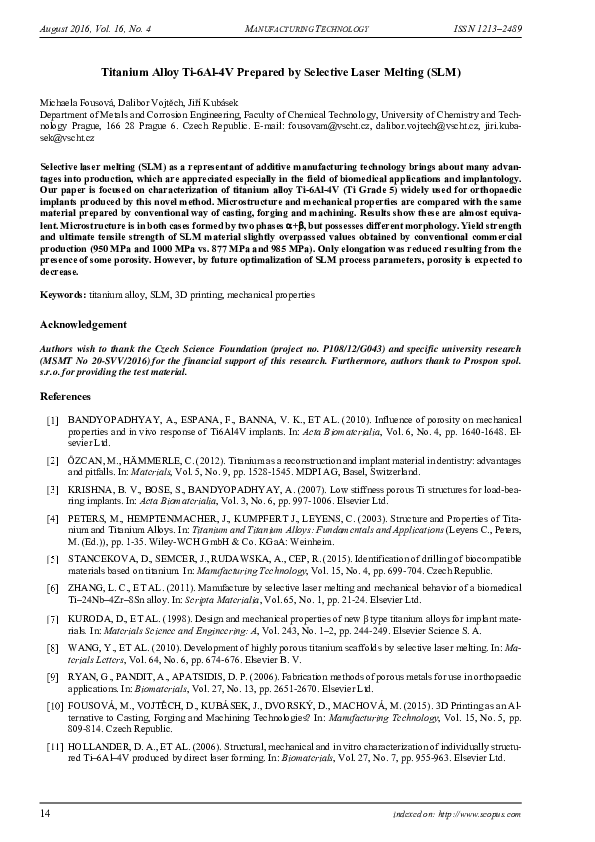 (PDF) Titanium Alloy Ti-6Al-4V Prepared by Selective Laser Melting (SLM)