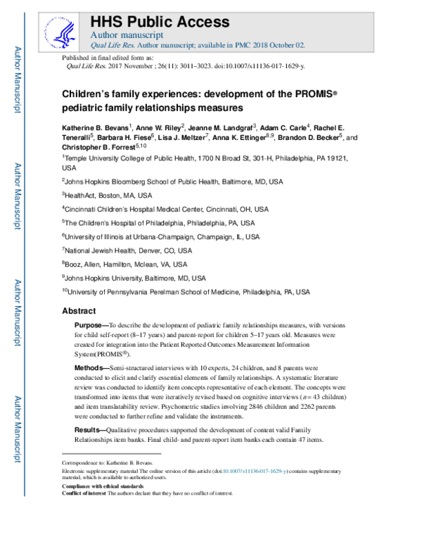 (PDF) Children's family experiences: development of the PROMIS ...