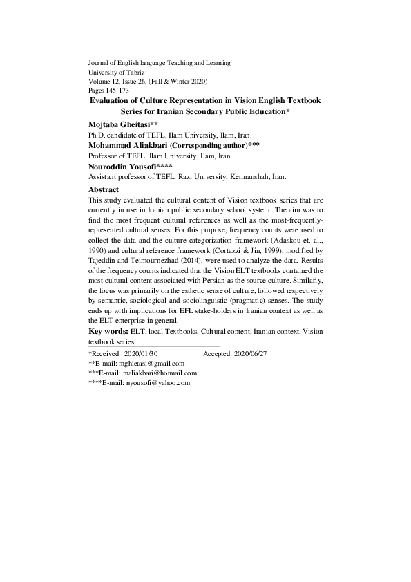 (PDF) Evaluation of Culture Representation in Vision English Textbook Series for Iranian ...