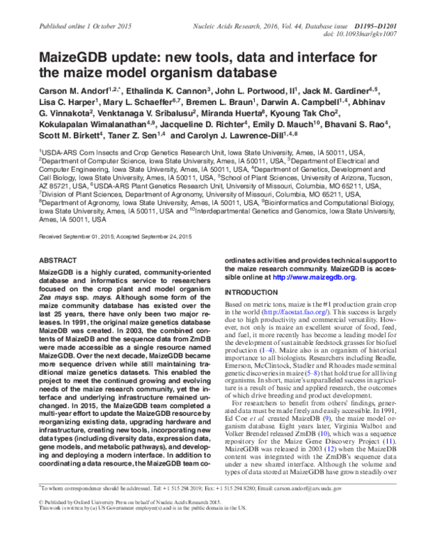 (PDF) MaizeGDB update: new tools, data and interface for the maize model organism database