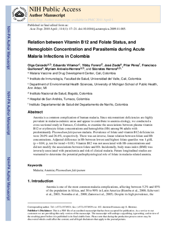 (PDF) Relation between vitamin B12 and folate status, and hemoglobin ...