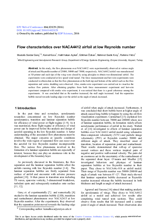 (PDF) Flow characteristics over NACA4412 airfoil at low Reynolds number