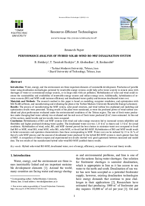 (PDF) Performance Analysis of Hybrid Solar-Wind Ro-MSF Desalination System