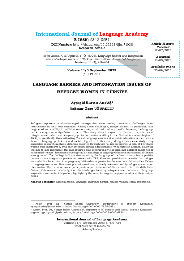 (PDF) Language Barrier and Integration Issues of Refugee Women in Türki̇ye