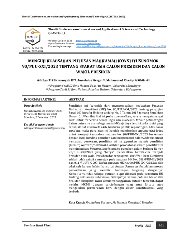 (PDF) MENGUJI KEABSAHAN PUTUSAN MAHKAMAH KONSTITUSI NOMOR 90/PUU-XXI/2023 TENTANG SYARAT USIA ...