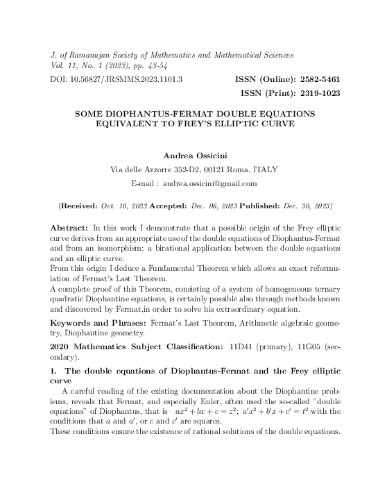 (PDF) SOME DIOPHANTUS-FERMAT DOUBLE EQUATIONS EQUIVALENT TO FREY'S ...