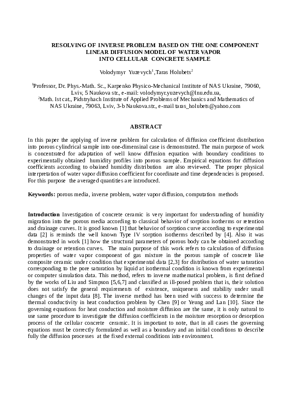 (PDF) RESOLVING OF INVERSE PROBLEM BASED ON THE ONE COMPONENT LINEAR DIFFUSION MODEL OF WATER ...