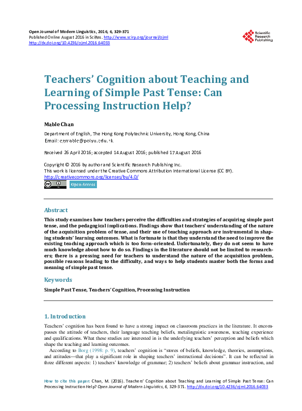 (PDF) Teachers’ Cognition about Teaching and Learning of Simple Past Tense: Can Processing ...
