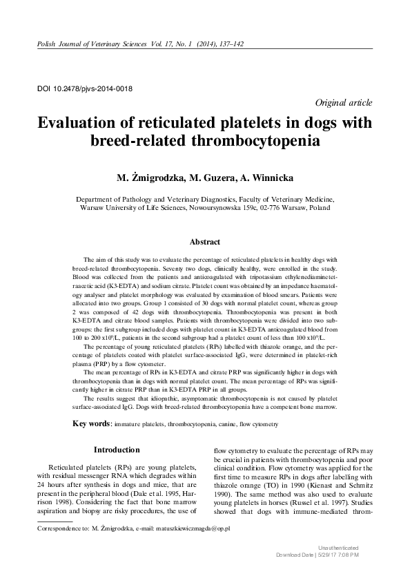 (PDF) Evaluation of reticulated platelets in dogs with breed-related ...
