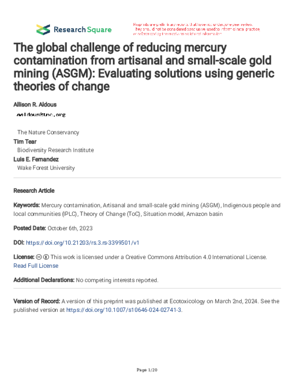 (PDF) The global challenge of reducing mercury contamination from artisanal and small-scale gold ...