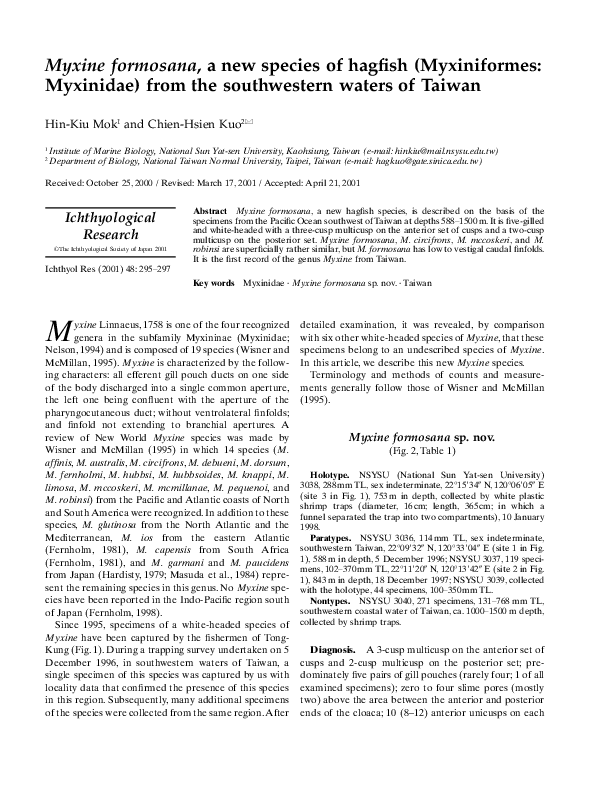 (PDF) Myxine formosana , a new species of hagfish (Myxiniformes ...