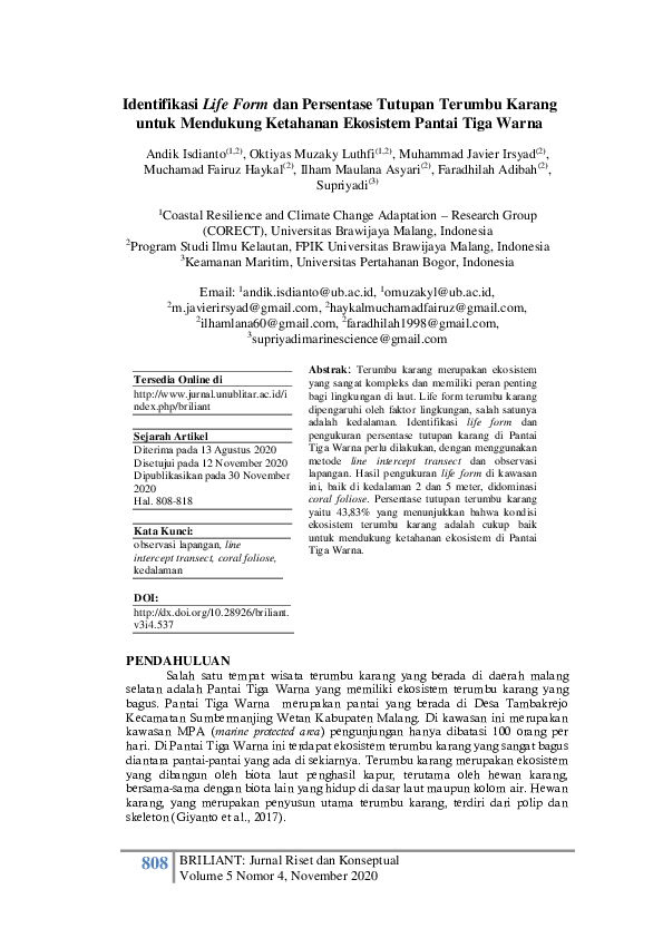 (PDF) Identifikasi Life Form dan Persentase Tutupan Terumbu Karang ...