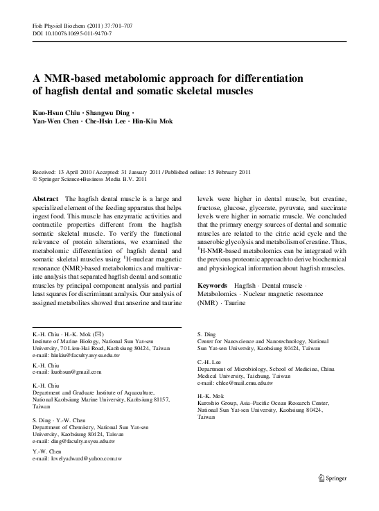 (PDF) A NMR-based metabolomic approach for differentiation of hagfish dental and somatic ...