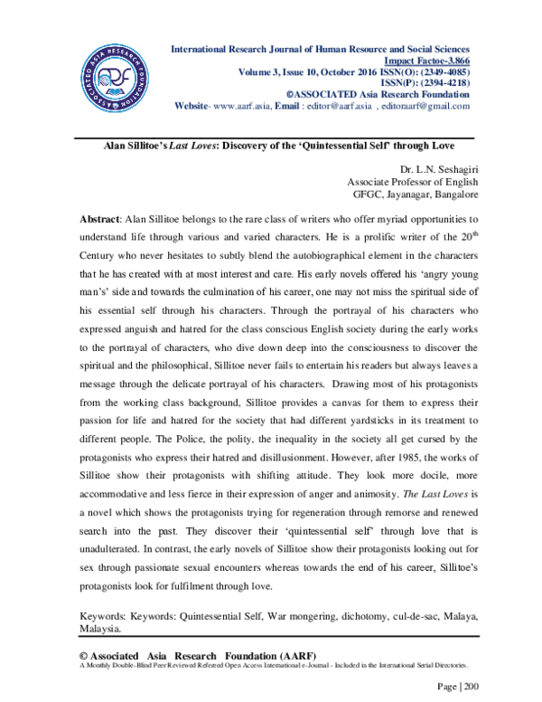 (PDF) Alan Sillitoe’s Last Loves: Discovery of the ‘Quintessential Self ...