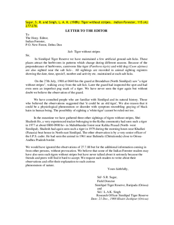 (PDF) 1989 Sagar and Singh Tiger without stripes Indian Forester