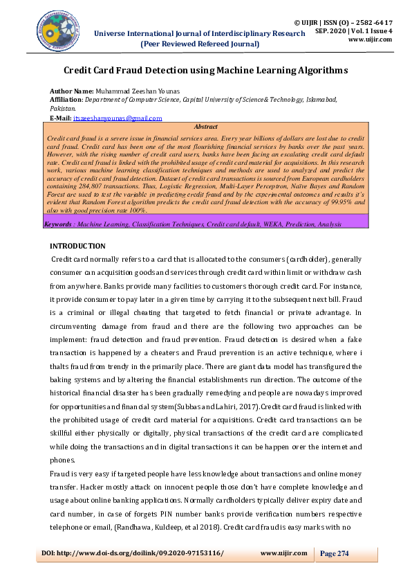 Pdf Credit Card Fraud Detection Using Machine Learning Algorithms