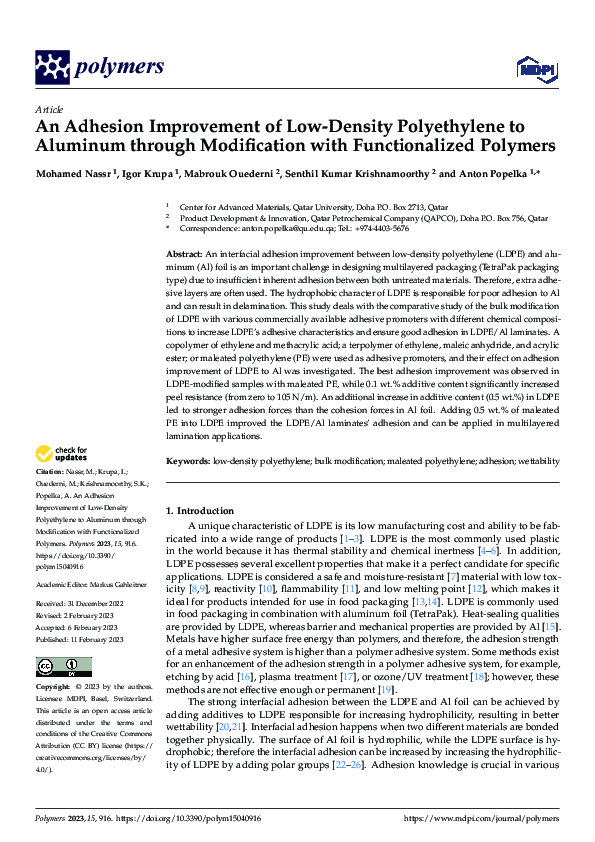 (PDF) An Adhesion Improvement of Low-Density Polyethylene to Aluminum ...