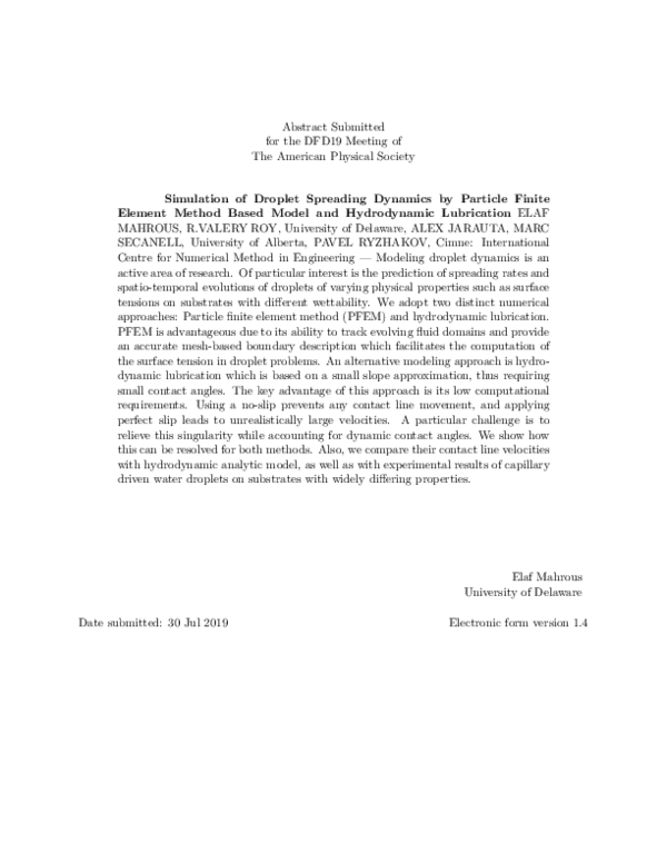Pdf Simulation Of Droplet Spreading Dynamics By Particle Finite Element Method Based Model And