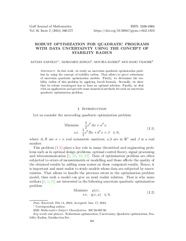 (PDF) Robust optimization for quadratic programs with data uncertainty using the concept of ...