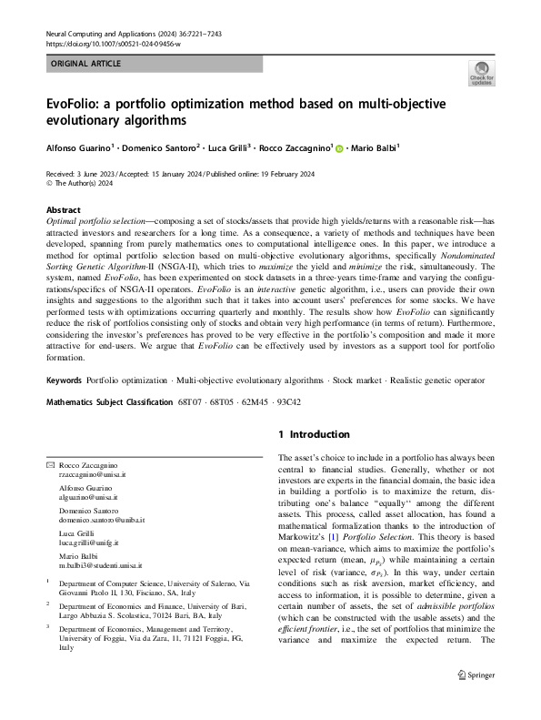 (PDF) EvoFolio: a portfolio optimization method based on multi-objective evolutionary algorithms