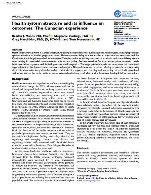(PDF) Health system structure and its influence on outcomes: The ...