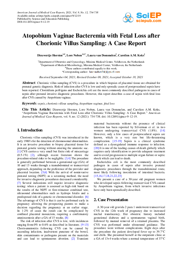 (PDF) Atopobium Vaginae Bacteremia with Fetal Loss after Chorionic ...
