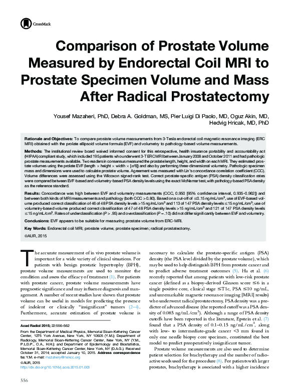 (PDF) Comparison of Prostate Volume Measured by Endorectal Coil MRI to ...